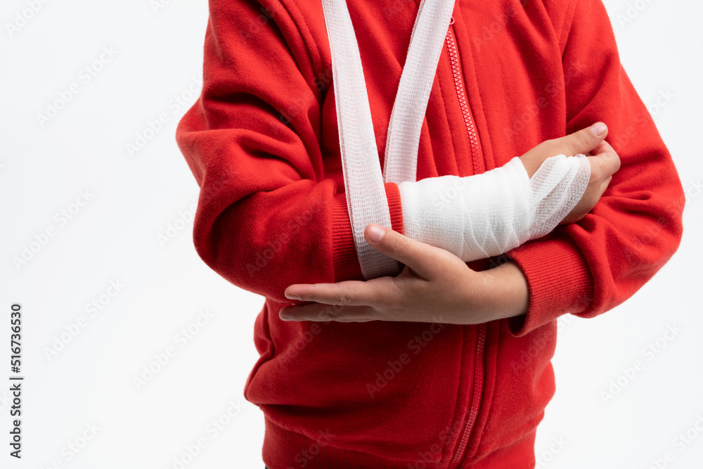 Little boy with broken arm in a cast after injury. Arm splint for ...