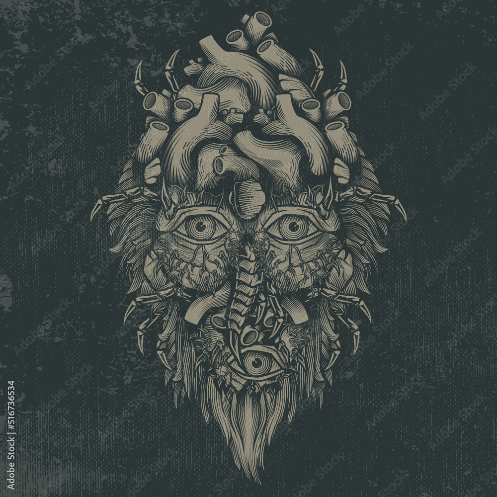 Horror scary face. Vector illustration in engraving technique of ...