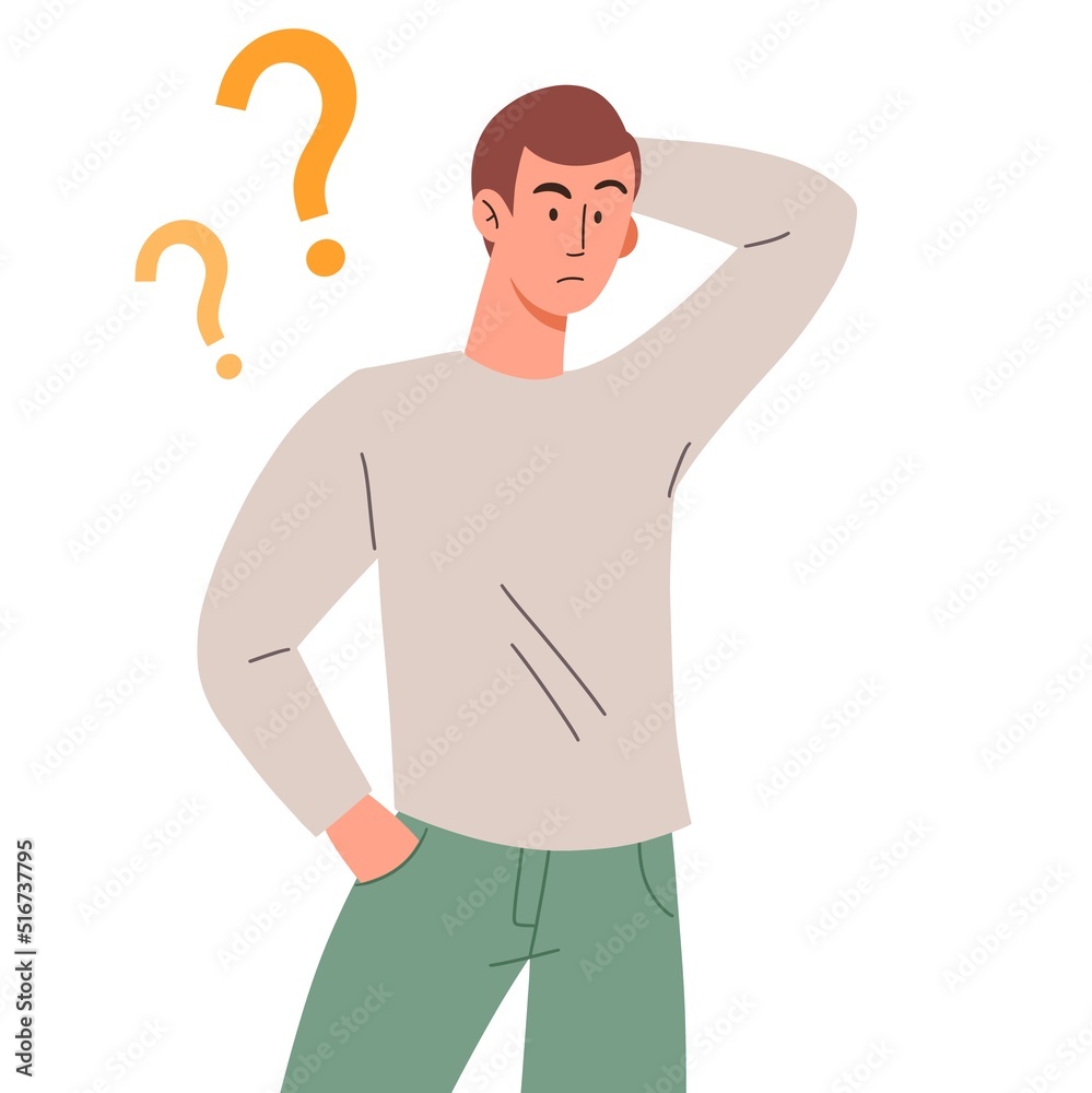 Confused guy with question marks. Isolated flat character on a white ...