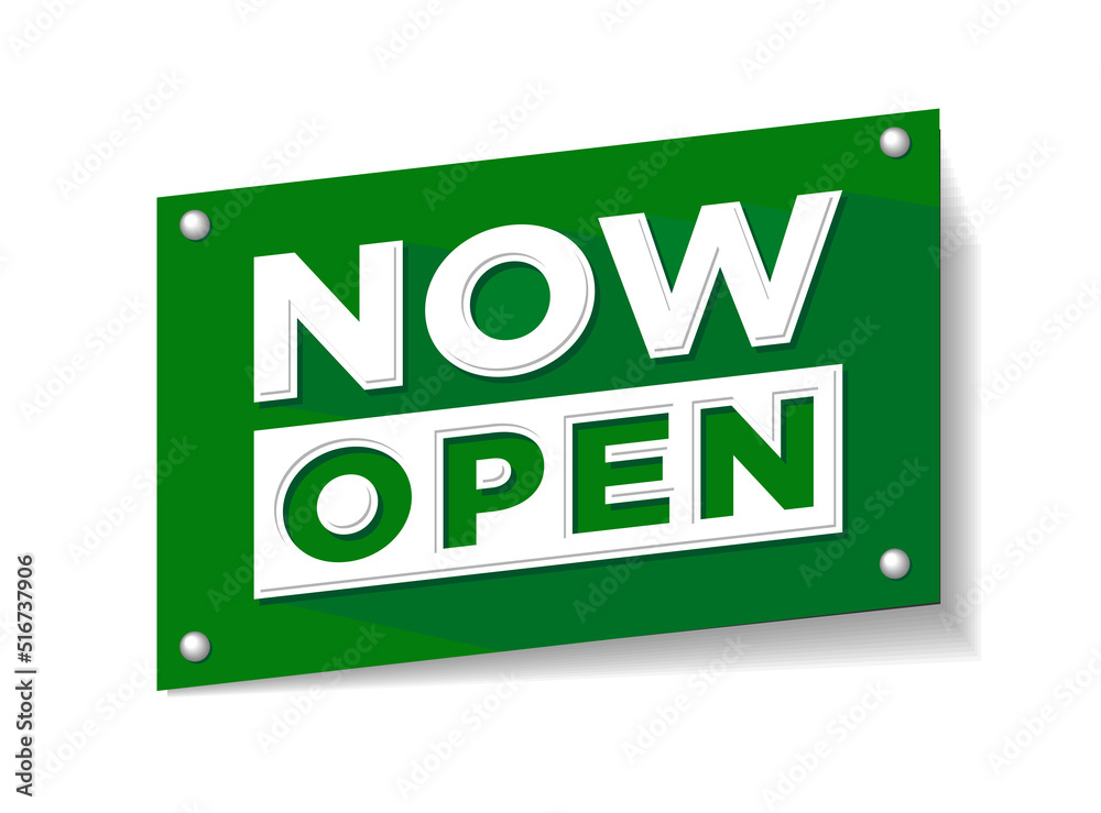 Now open notice sign for entance door or website. Vector sticker on ...