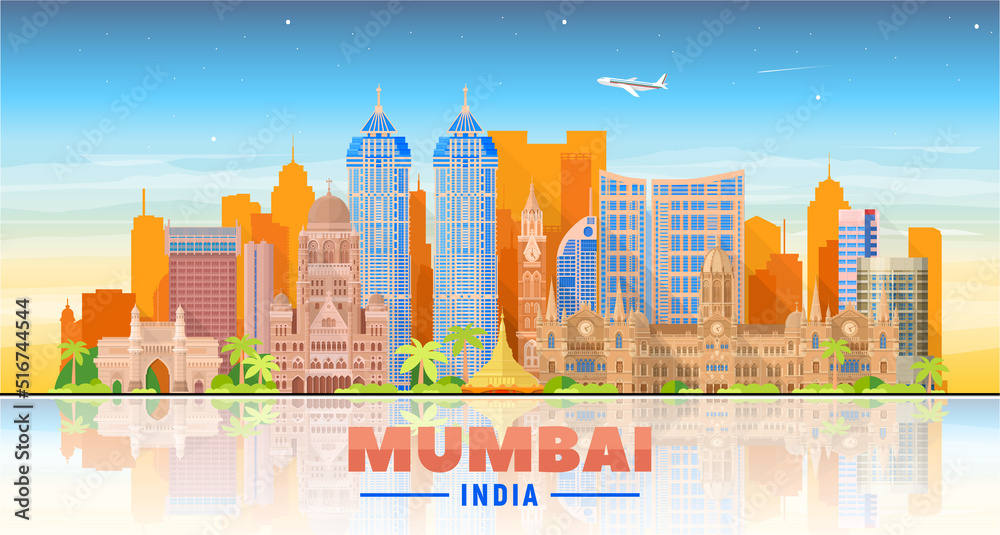 Mumbai skyline on a sky background. Flat vector illustration. Business ...