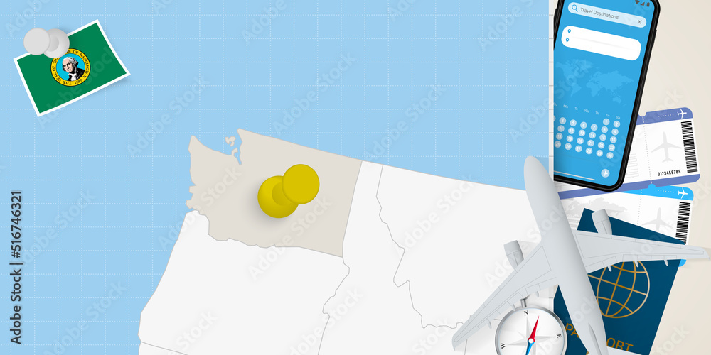 Travel to Washington concept, map with pin on map of Washington ...