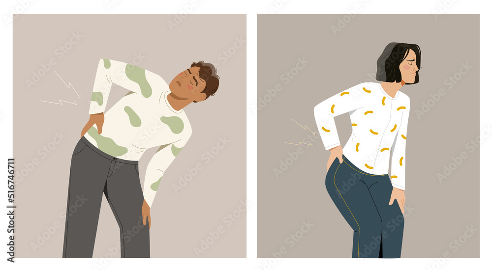 Set of characters suffering from back pain. Young man and woman holding ...