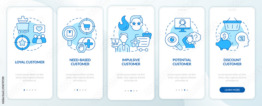 Types of customers blue onboarding mobile app screen. Business clients ...
