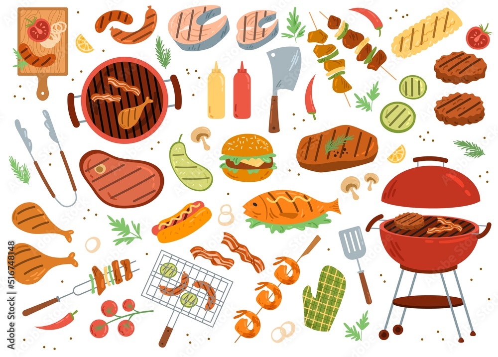 BBQ party icons set. Grilled beef meat or chicken legs, smoked sausages ...