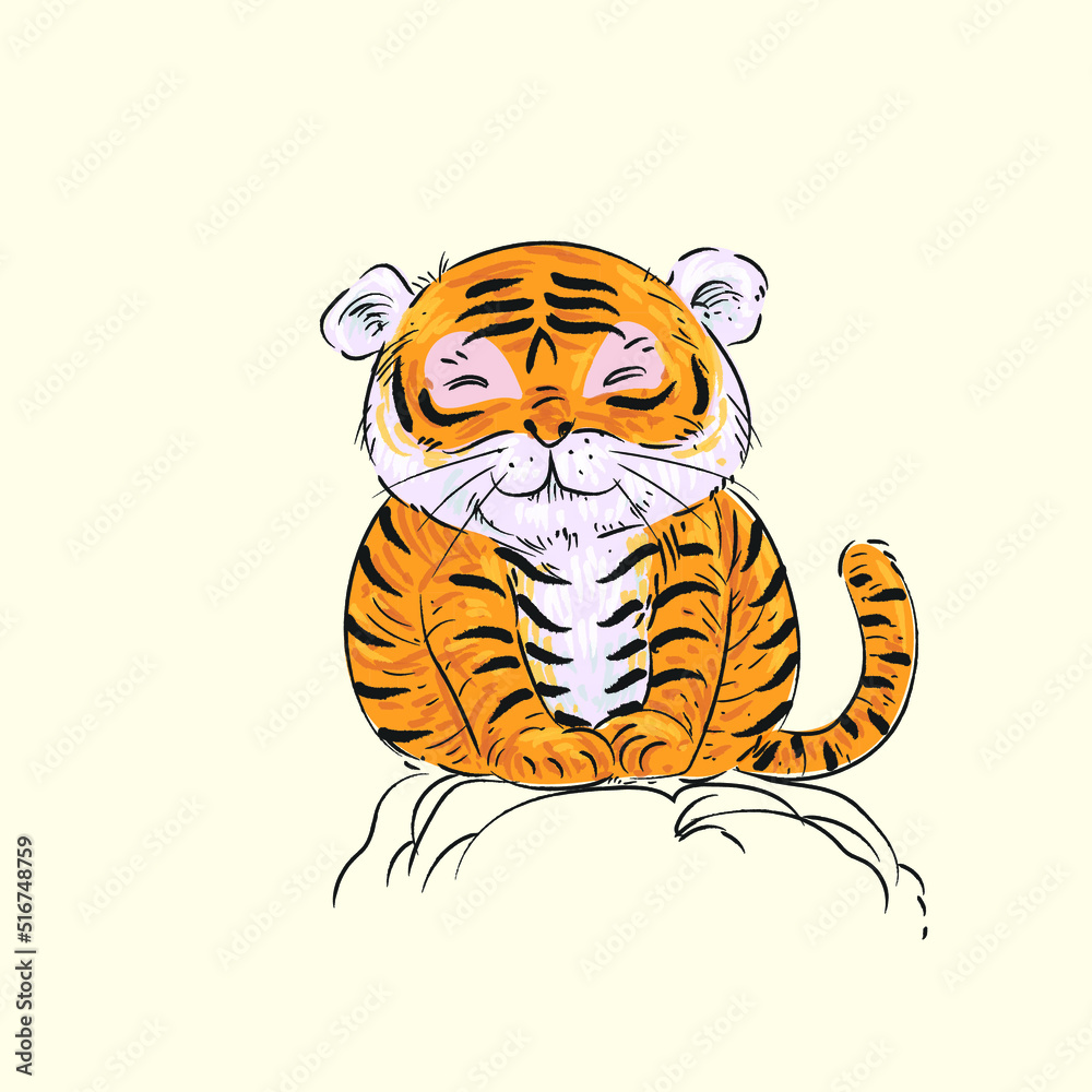 Cute fat tiger icon, character,mascot hand drawn vector illustration ...