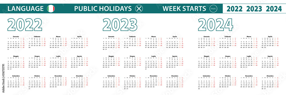 Simple calendar template in Italian for 2022, 2023, 2024 years. Week ...