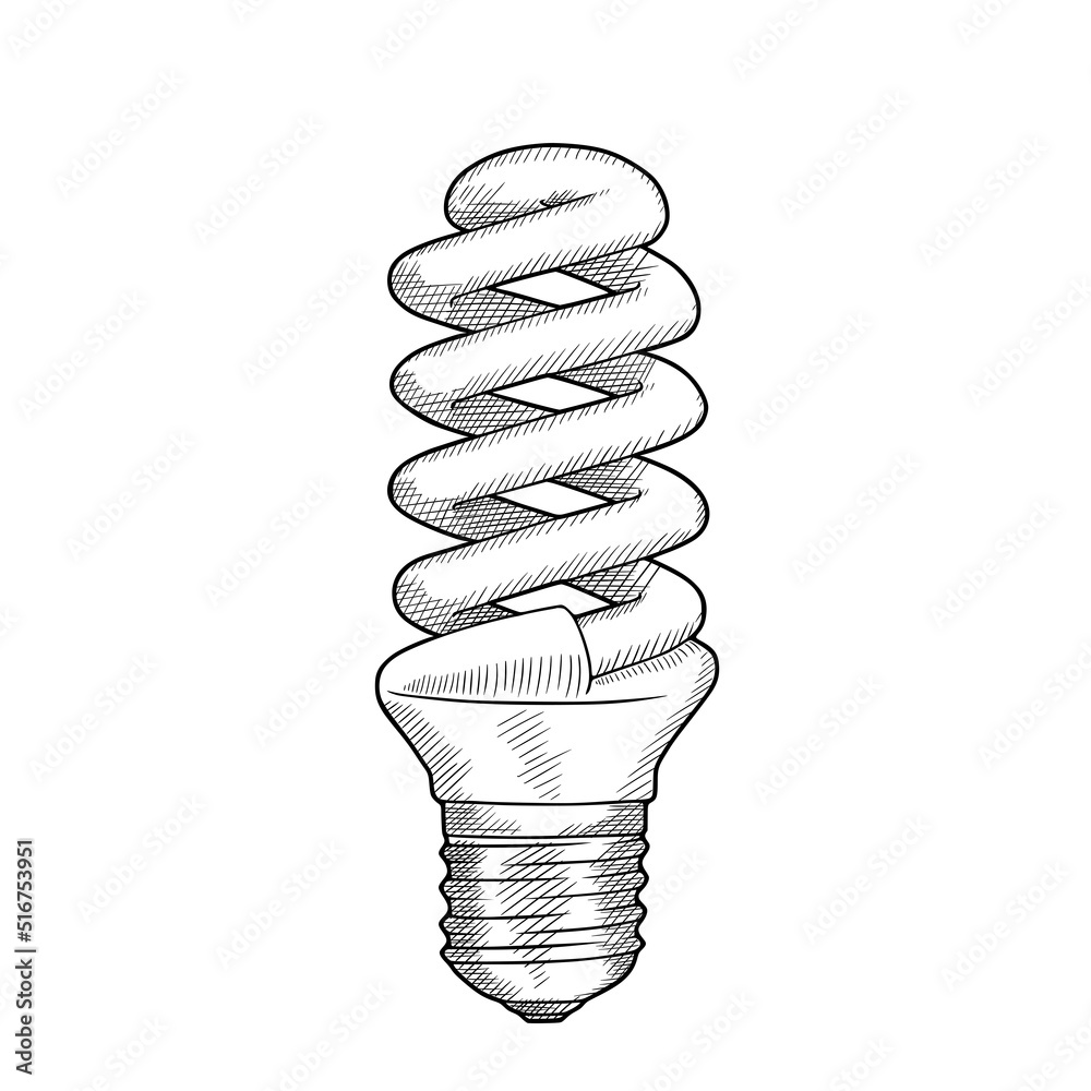 Hand drawn vector sketch of energy saving light bulb. Fluorescent light ...