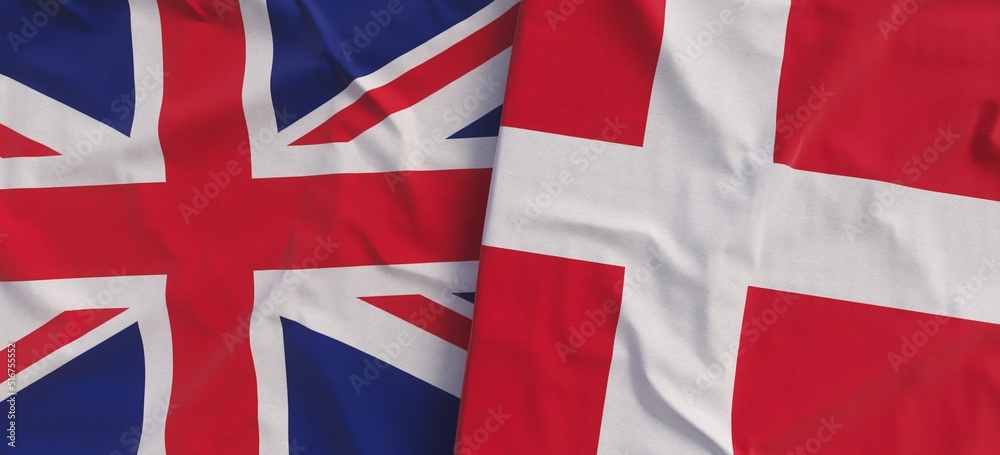 Flags of United Kingdom and Denmark. Linen flags close-up. Flag made of ...
