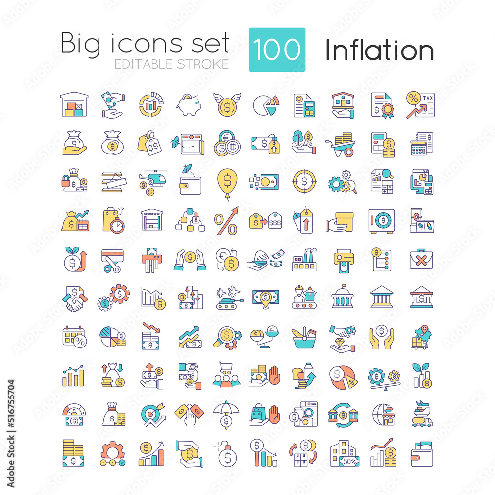 Inflation RGB color icons set. Increasing prices. Currency value ...