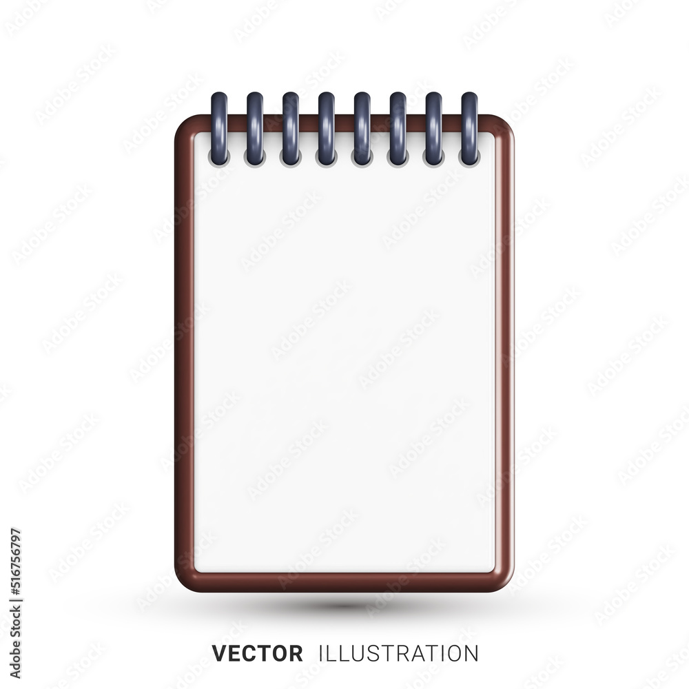 Realistic 3D notepad icon with a blank white sheet and empty space for ...