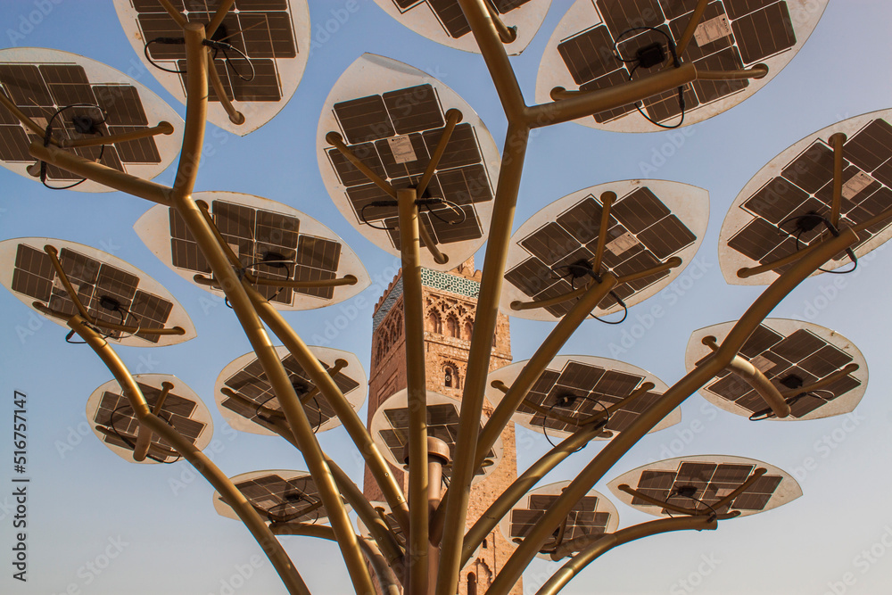 Solar cells, Koutoubia Mosque tower in downtown Marrakesh, Morocco ...