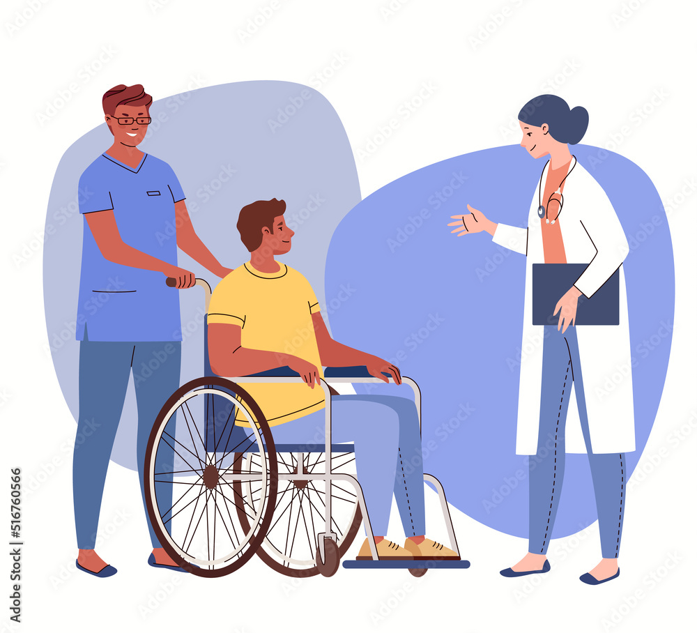 Female doctor visits patient in wheelchair in hospital. Male nurse ...