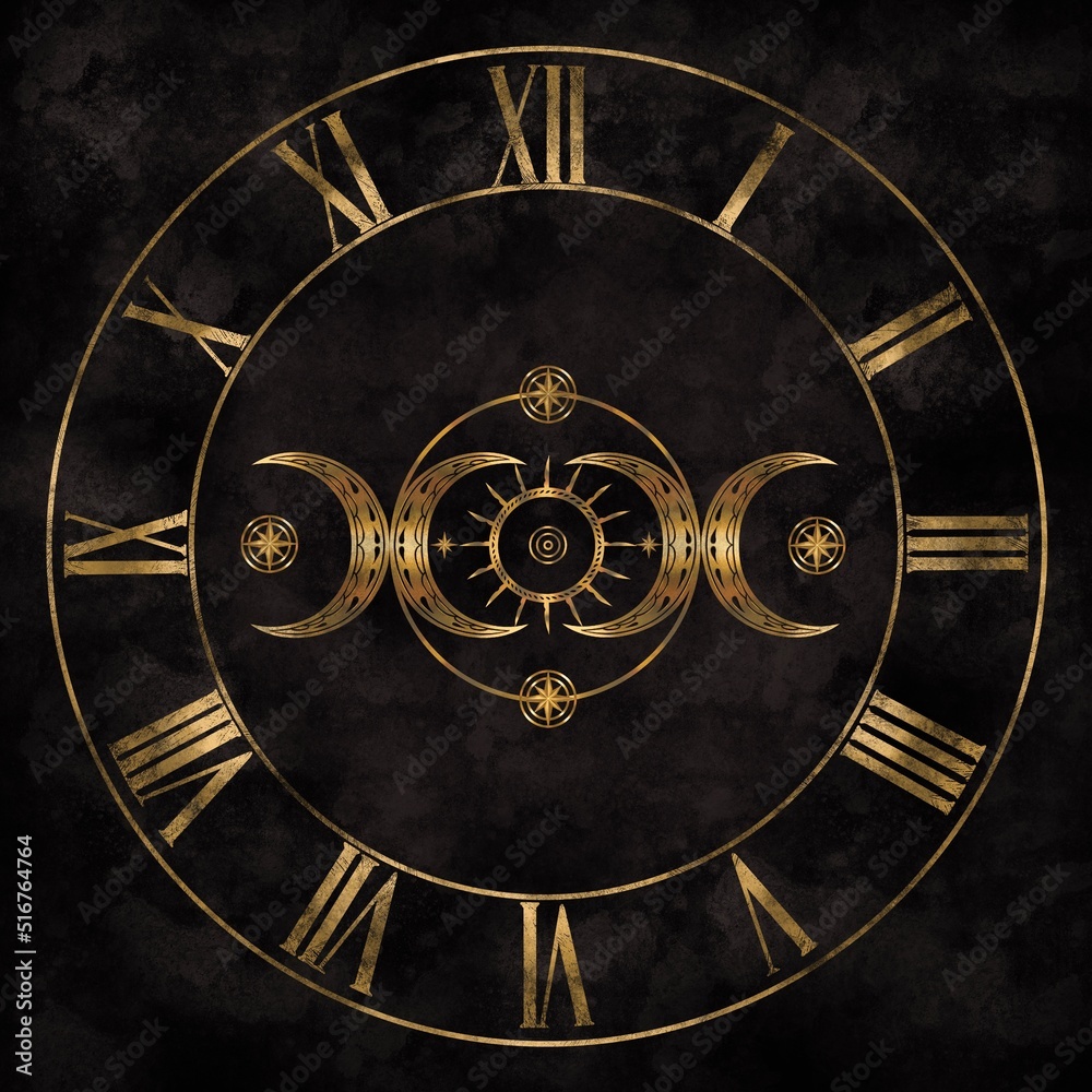 Mystical design of a vintage roman numbered clock and solar eclipse in ...