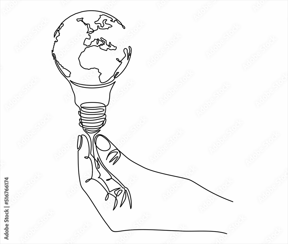 Earth globe inside lightbulb in hand. One continuous line drawing ...