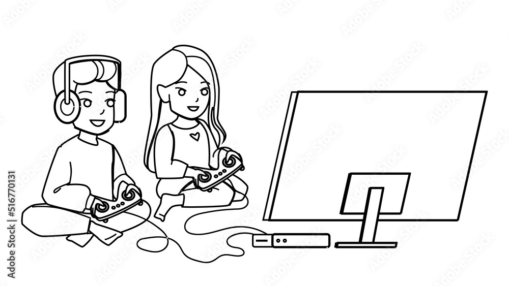 children play video game vector. kid boy girl, home family console ...