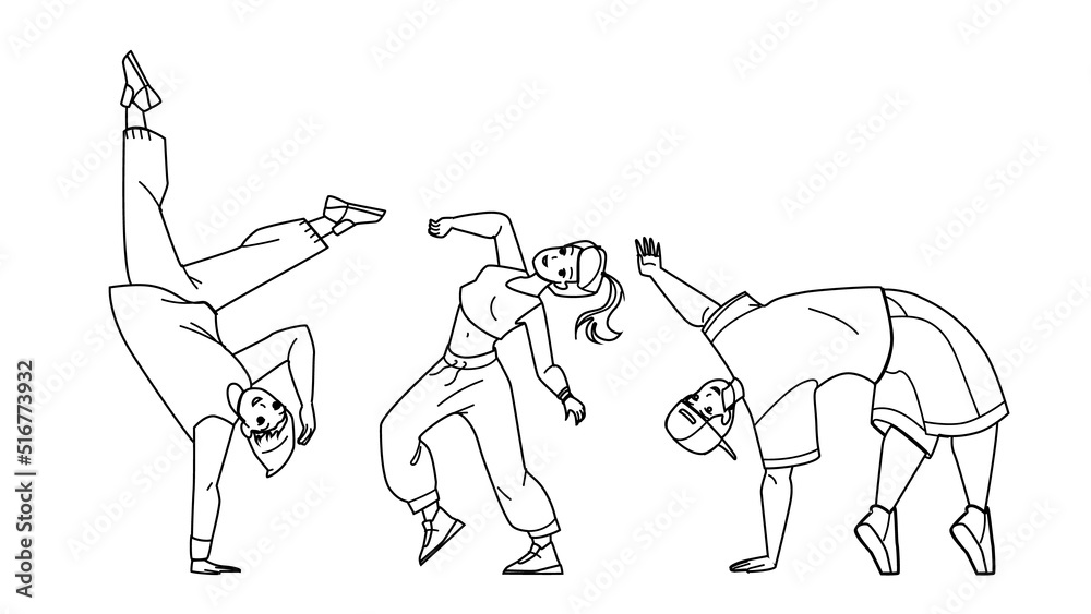 Teenagers In Dancing Class Exercising Dance Vector. Boy And Girl Teens ...