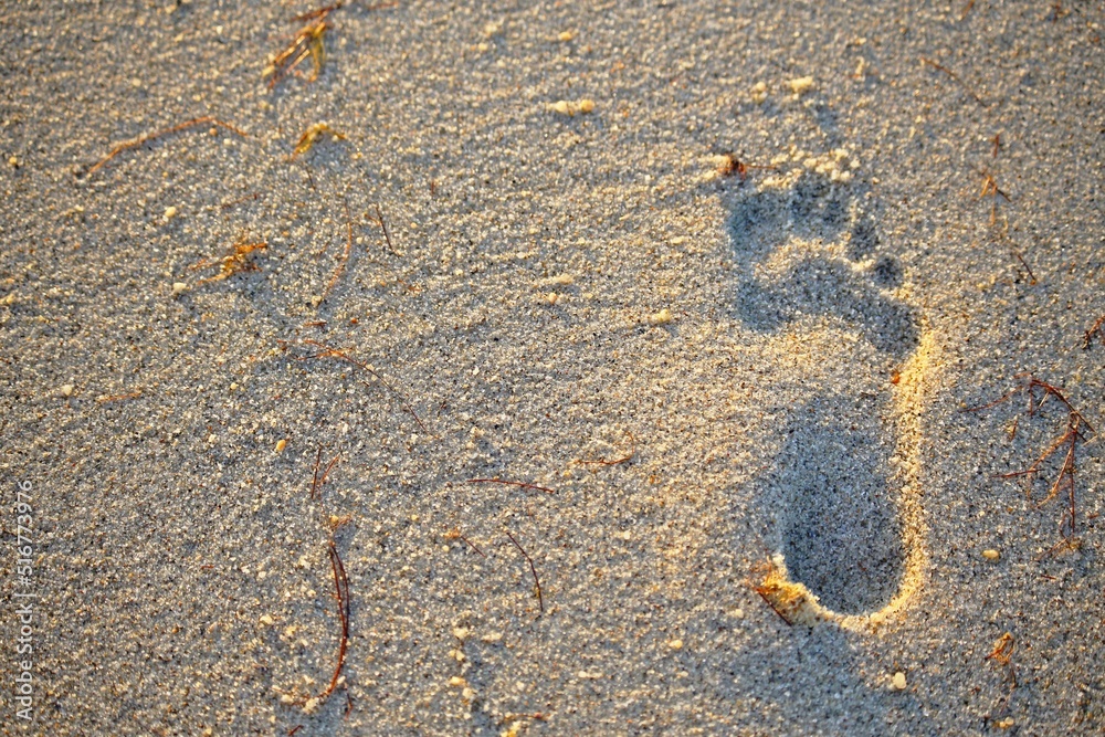 Footprints of barefoot adult person on the beach sand.. Left foot print ...