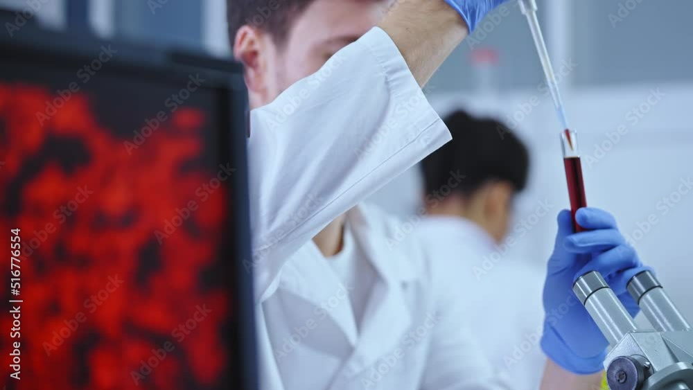 Male scientist conducting microscopic examination of blood smear lab ...