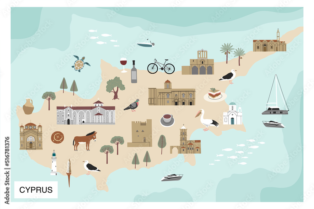 Vector color hand drawn illustrated map of Cyprus Island. Traditional ...