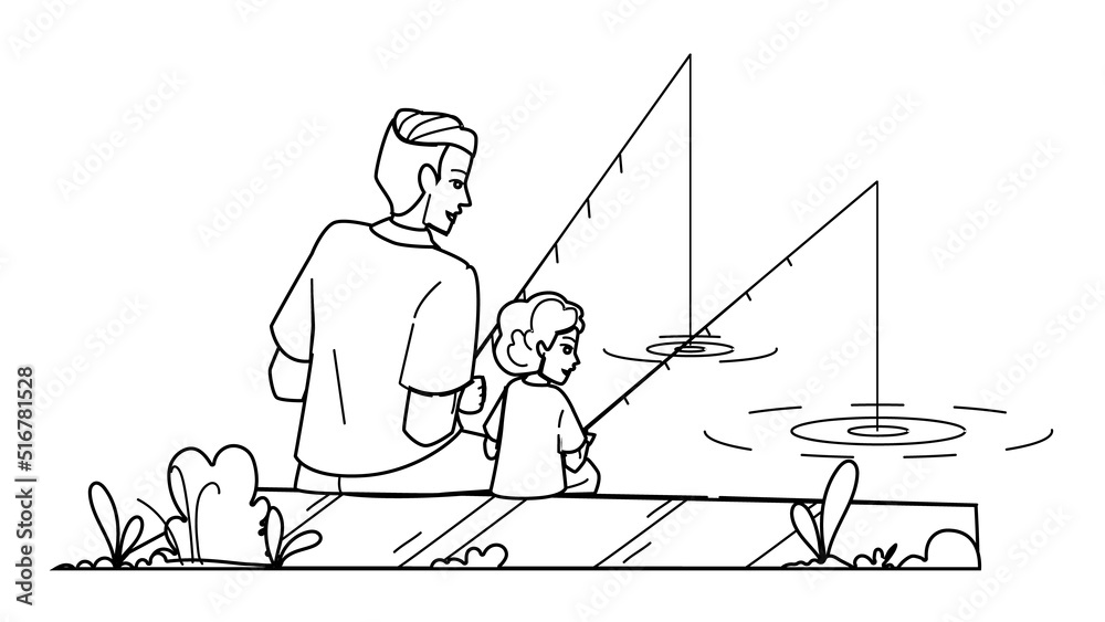father son fishing vector. family lake child dad, summer kid river ...
