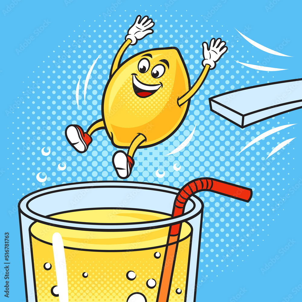 cartoon lemon diving into a glass of juice pop art retro vector ...