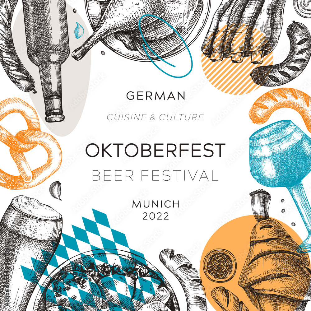 Oktoberfest background. German food and drinks menu design. Vector meat ...