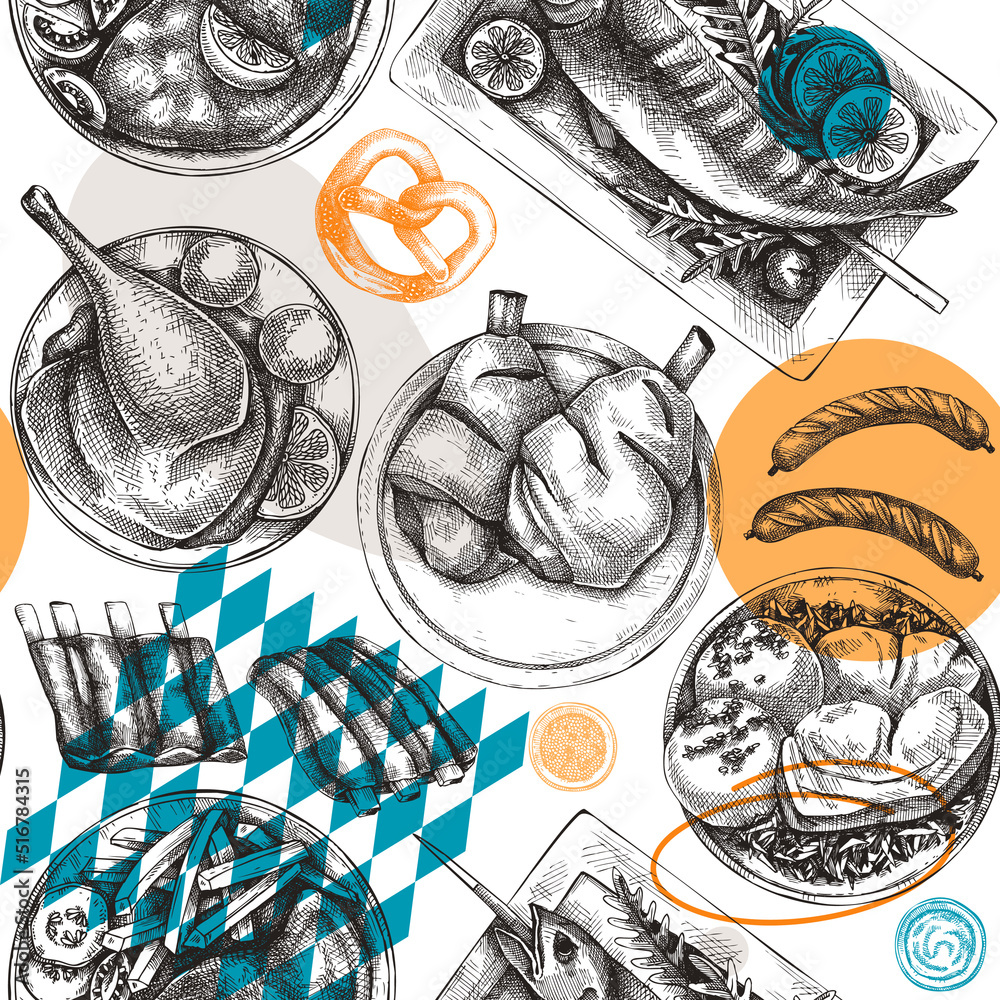 Oktoberfest background. German cuisine menu design. Pretzel, roast pork ...