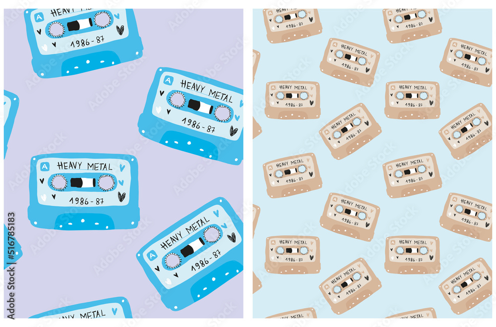 Funny Hand Drawn Vector Patterns with Blue Cassettes with Metal Songs ...