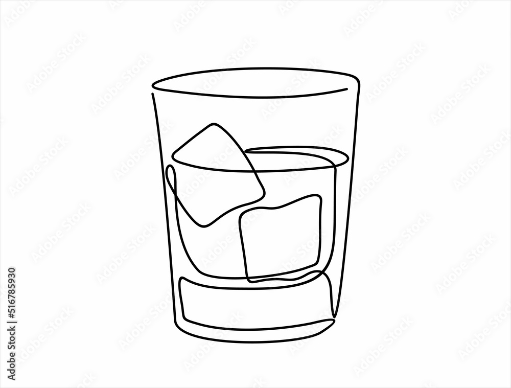 Whiskey in glass with ice continuous one line drawing minimalism design ...