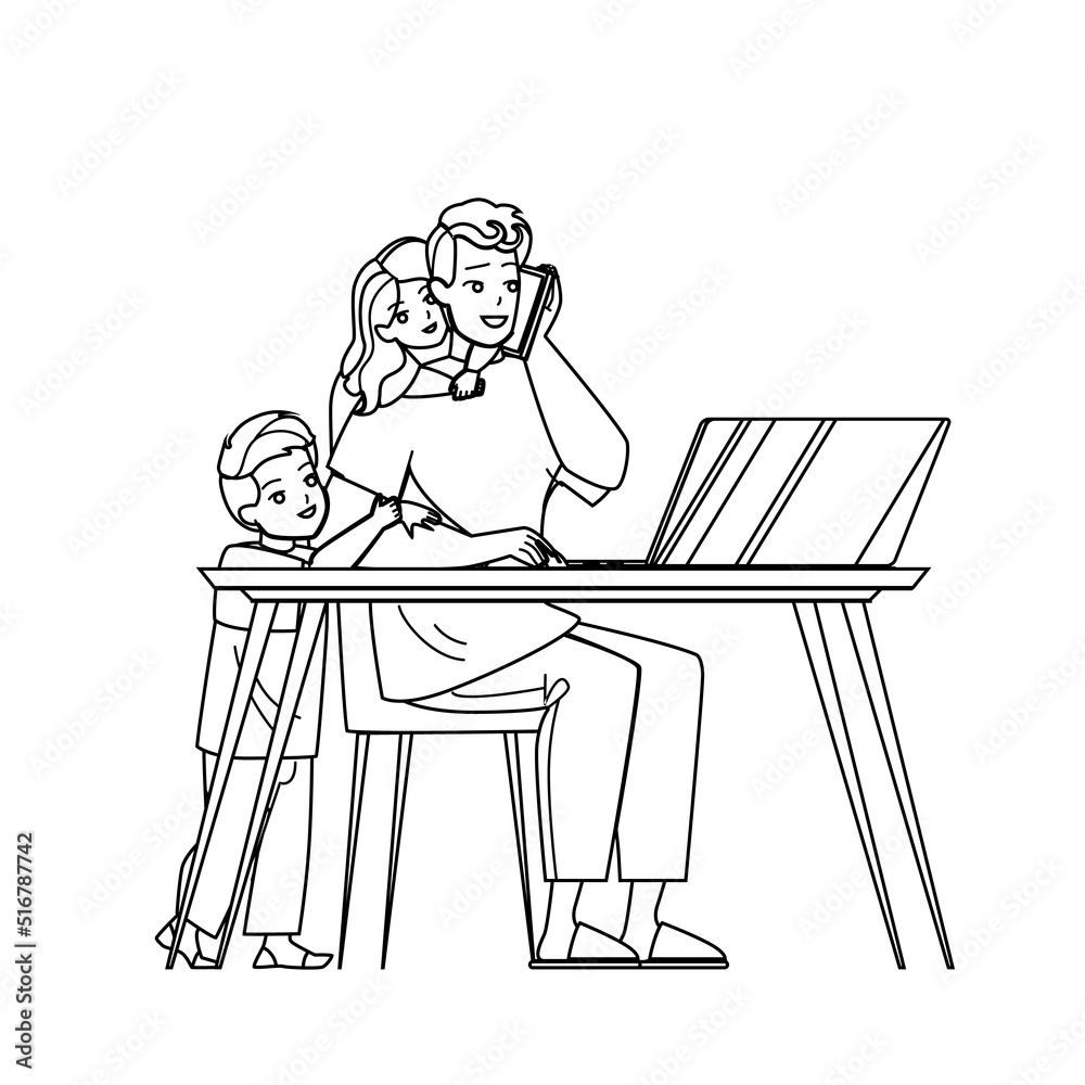 home work stress father vector. family office, dadd man and child, busy ...