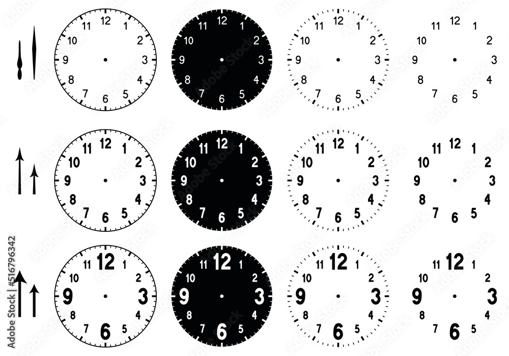Modern Clock Face Template Clipart Set - Outline and Silhouette Stock ...