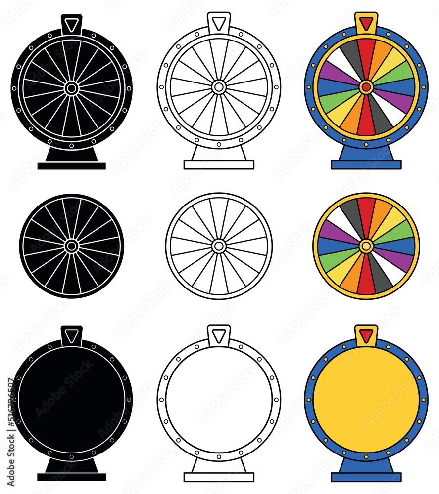 16 Segment Game Spin Wheel Clipart Set - Outline, Silhouette and Color ...