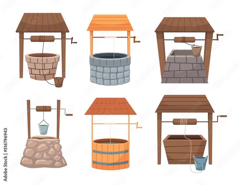 Wooden and stone wells flat vector illustrations set. Cartoon drawings ...