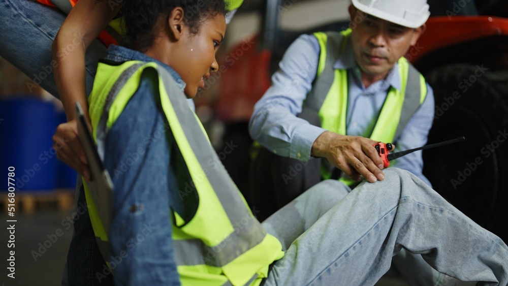 Factory Accident, Industrial accident. Warehouse staff having accident ...