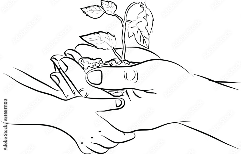 Doodle style line art drawing of hands of father and son planting a ...