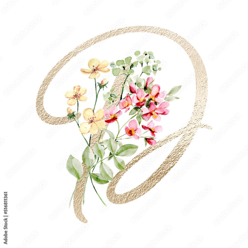Floral alphabet, letter D with watercolor flowers and leaf. Monogram ...