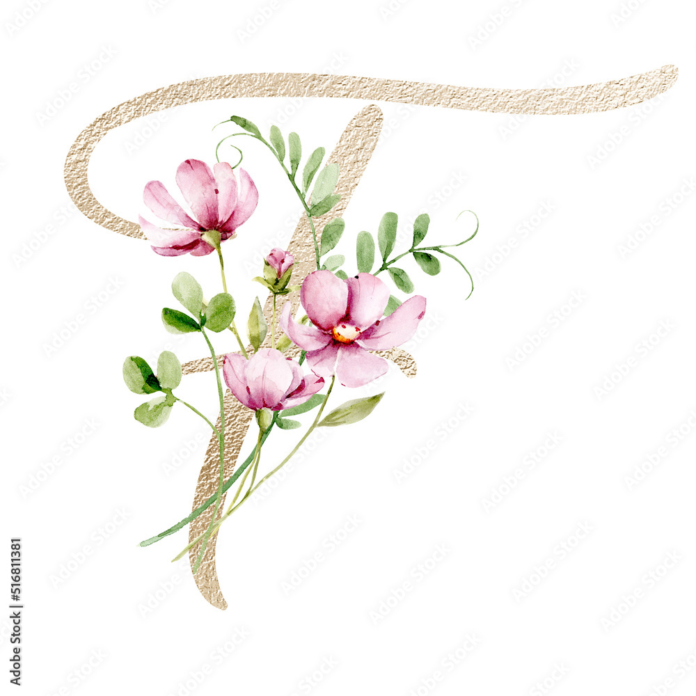 Floral alphabet, letter F with watercolor flowers and leaf. Monogram ...