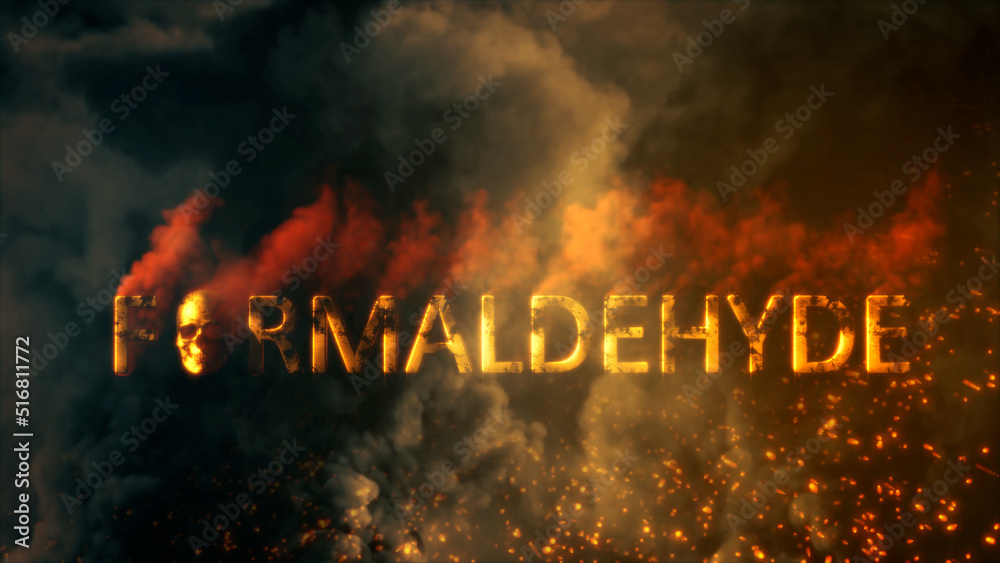 Text formaldehyde with skull burning on dark smoke background ...