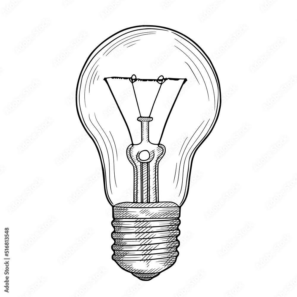 Hand-drawn sketch of an incandescent light bulb. Light bulb vector drawing isolated on white ...