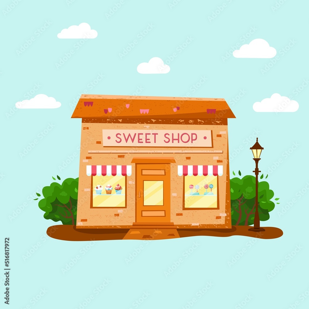 Hand drawn vector illustration with sweet shop building with texture in ...