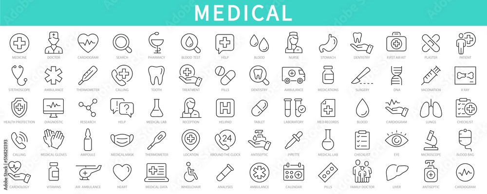 Medicine Health icon. Medical thin line icons set. Medical symbols ...