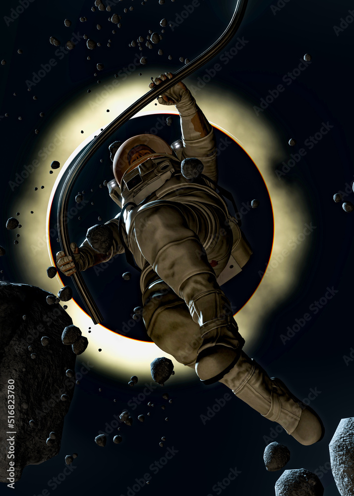 Astronaut walking in space holding on to broken tether line. Black ...