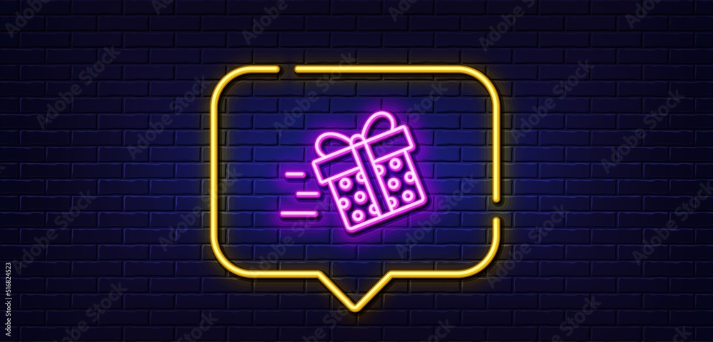 Neon light speech bubble. Gift box Delivery line icon. Present or Sale ...