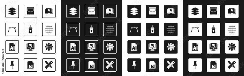 Set Laptop and cursor, Paint spray can, Bezier curve, Layers, Grid graph paper, bucket, Globe of ...