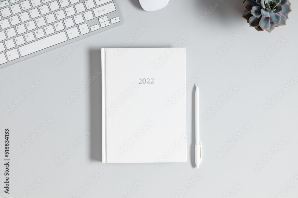 Gray office desk mockup, white book mockup, diary for 2022,, computer ...
