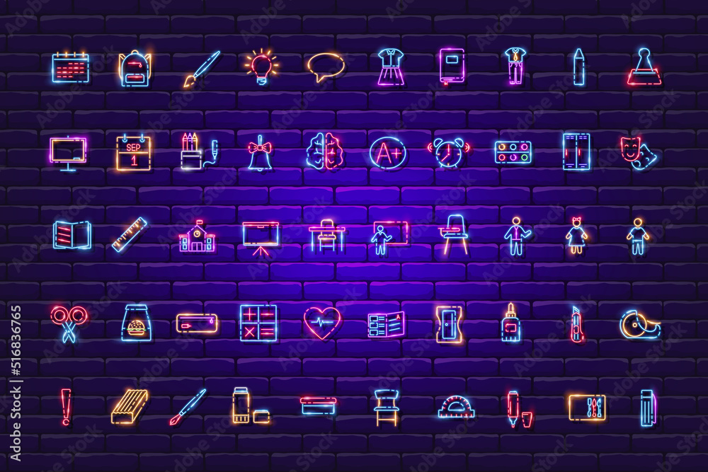 School and office neon signs set. Study, science, school, university ...