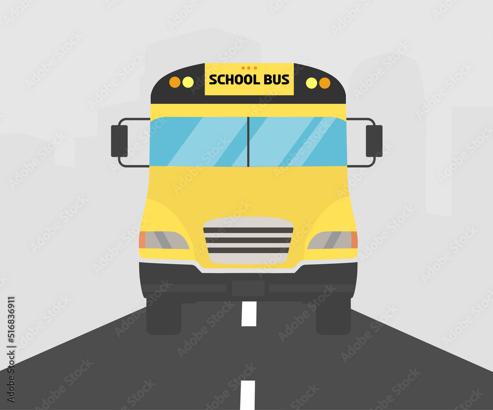 School bus front view, city landscape logo design. Back to school ...