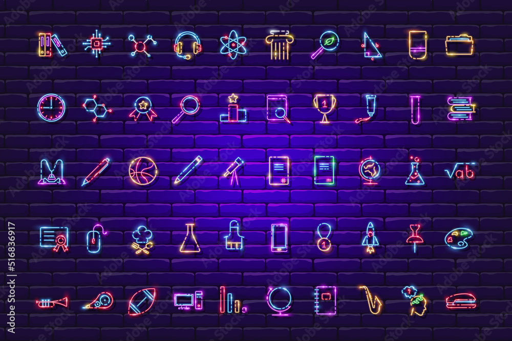 School and office neon signs set. Study, science, school, university ...