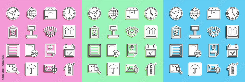 Set line Price tag with Free, Calendar check mark, This side up, Carton cardboard box, Scale ...